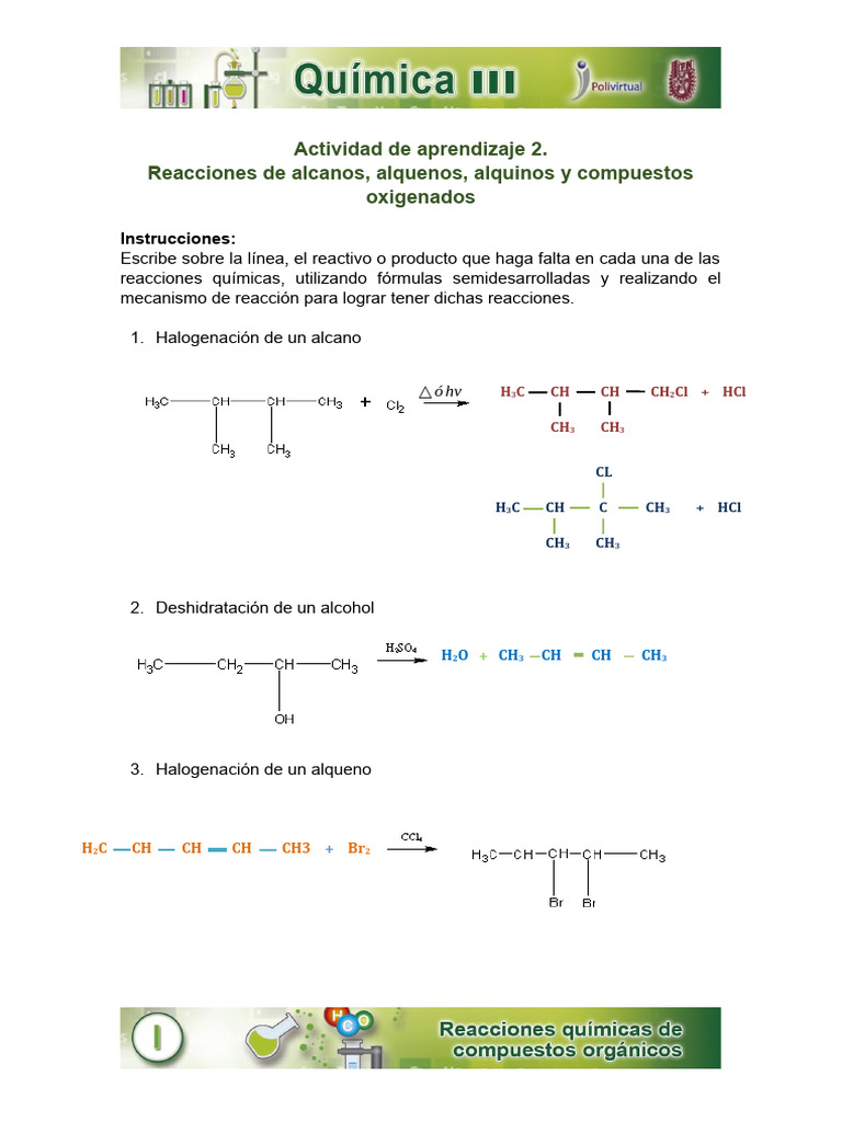 Reacciones de Alcanos, Alquenos, Alquinos y Compuestos Oxigenados | PDF ...