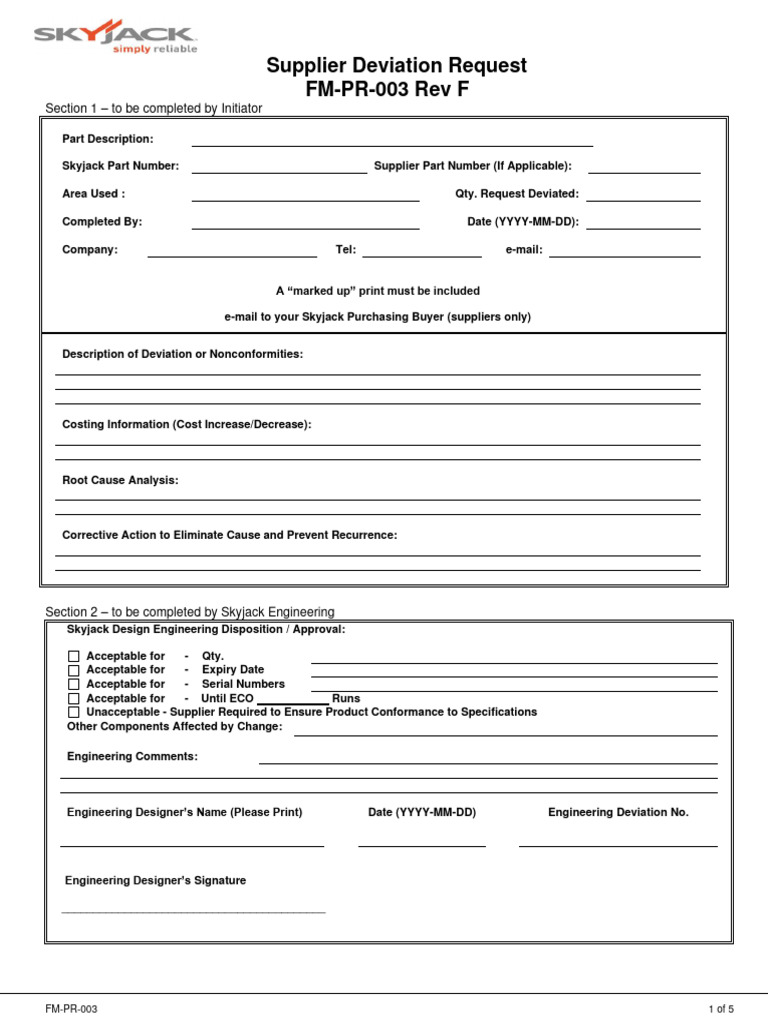 Supplier Deviation Request FM-PR-003 Rev F: Section 1 - To Be Completed by Initiator | Download ...