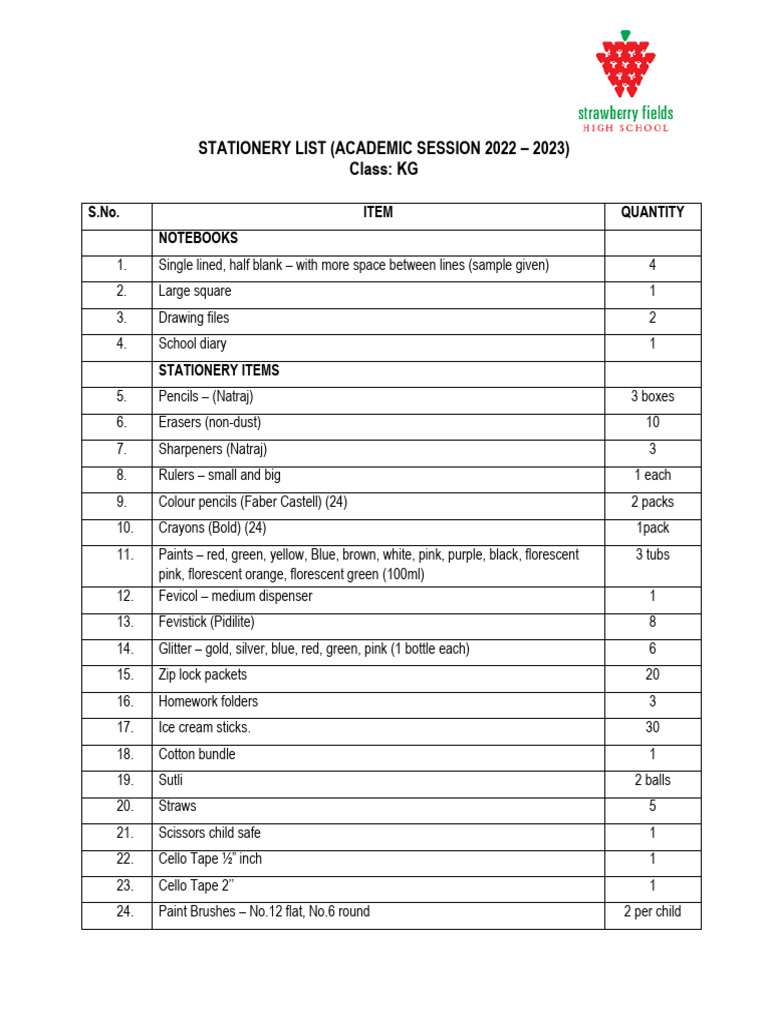 KG to Class 5 Stationery List 2022-23 | PDF | Pencil | Notebook