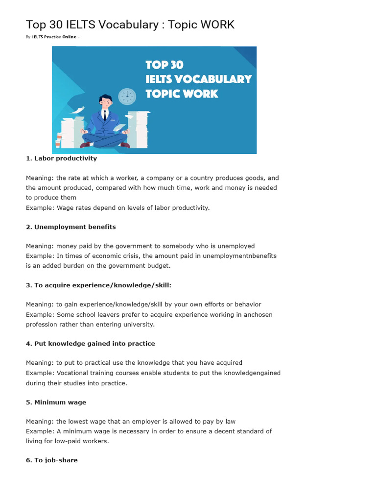Top 30 IELTS Vocabulary - Topic WORK - IELTS Practice Online (Band 9) | PDF | Employment ...