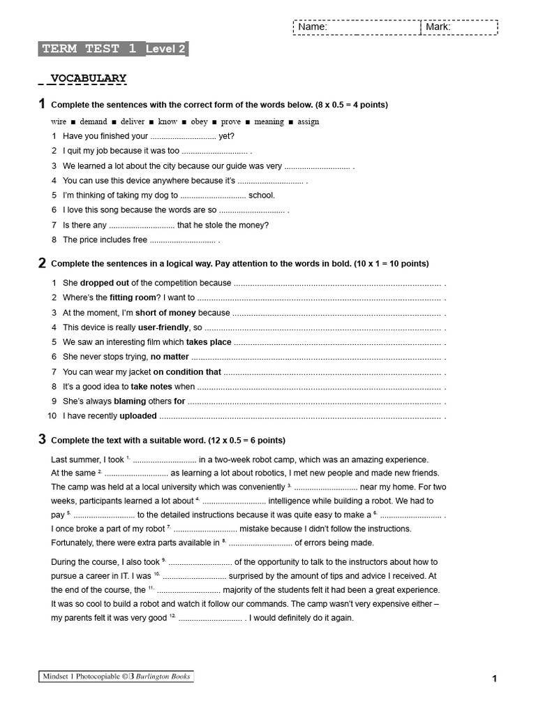 01mindset1 Term1 Test Vocabulary Grammar | Download Free PDF ...