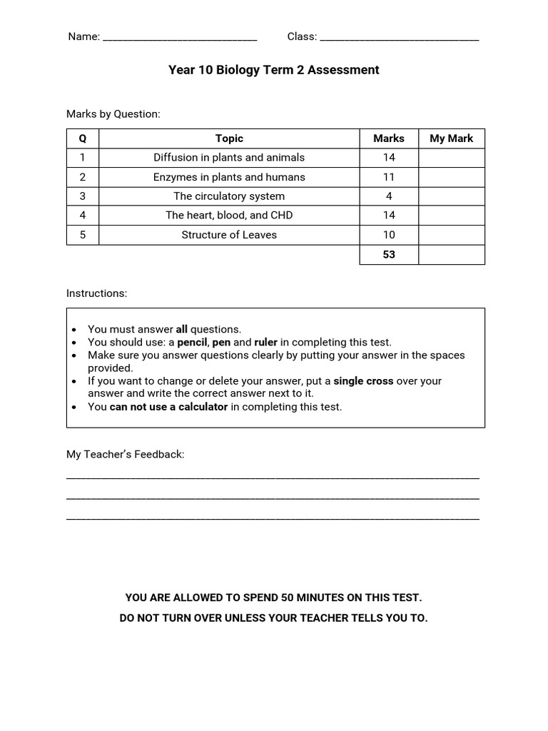 Year 10 Biology Assessment Guide | PDF | Heart | Enzyme