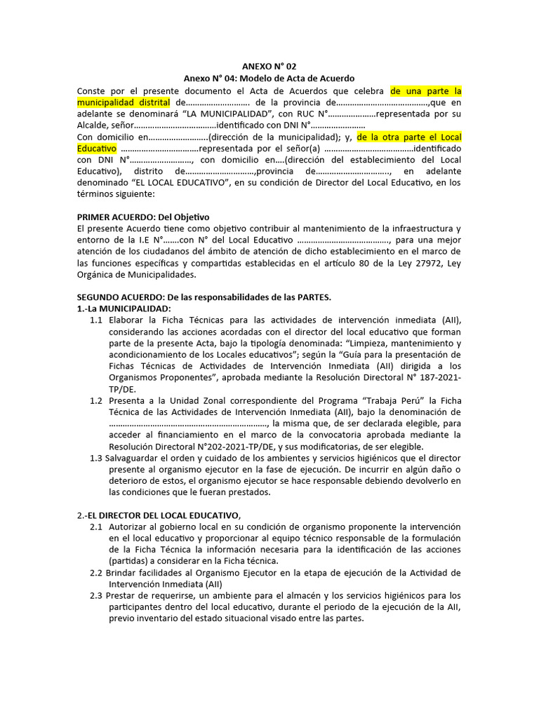 Modelo ACTA DE ACUERDO | PDF