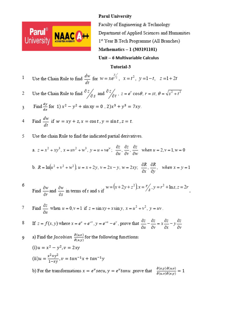 Tutorial 3 (Mathematics-1) (Multivariable Caculus) | PDF | Differential Calculus | Analysis