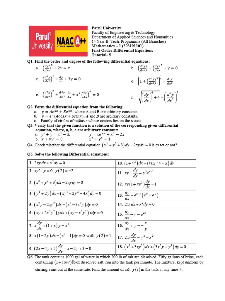 Mathematics 1 Tutorial 5 | PDF | Equations | Mathematical Concepts