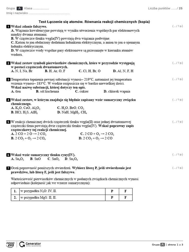Test Chemia Równania Reakcji kl.7 | PDF