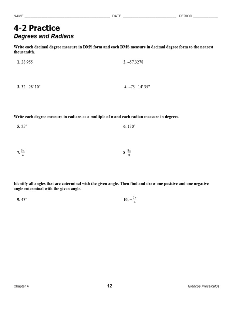 Edited 4-2 Practice Worksheet Degrees and Radians Part1 | PDF