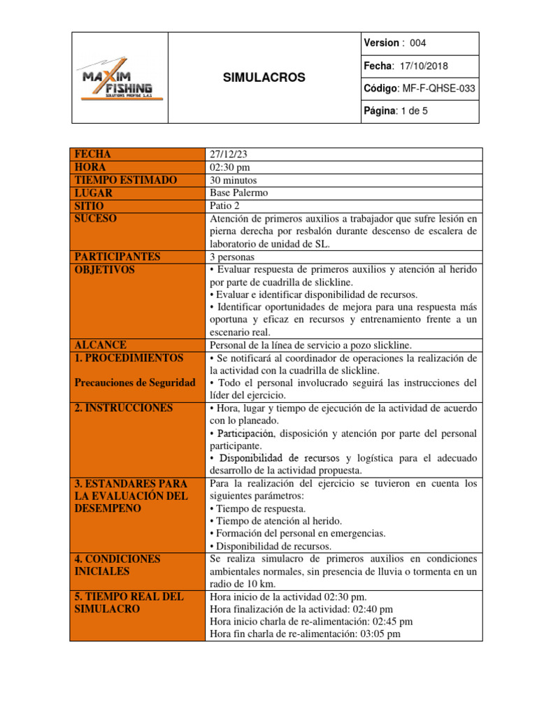 Mf-F-Qhse-033 Simulacros V4 Simulacro Primeros Auxilios SL | PDF