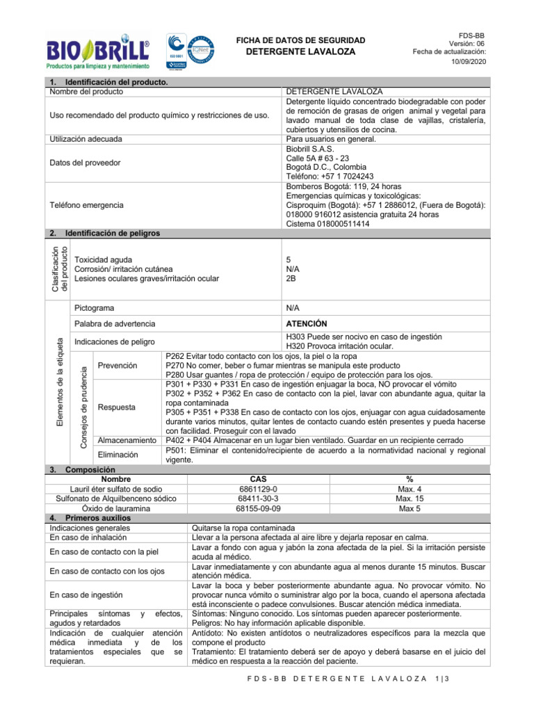 5 FDS-BB Detergente Lavaloza | PDF | Agua | Toxicidad