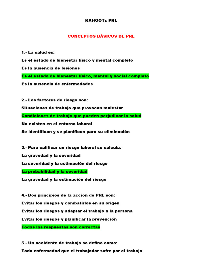 Kahoots PRL | PDF | Seguridad y salud ocupacional