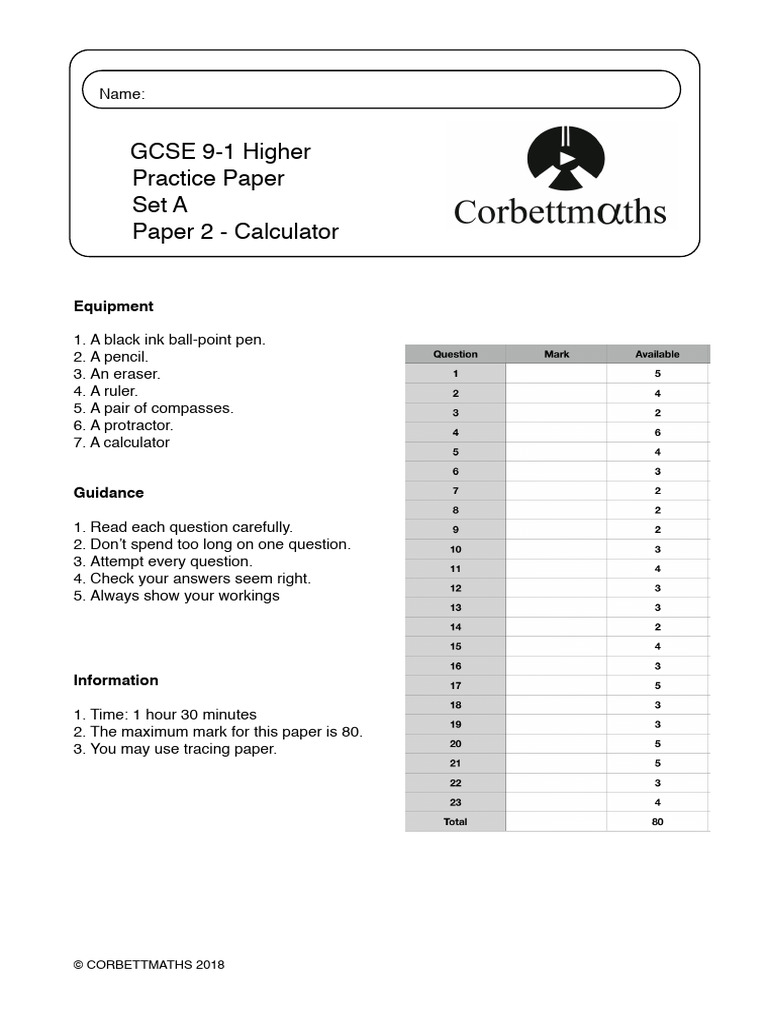 Maths Edexcel Higher Past Paper Igcse | PDF