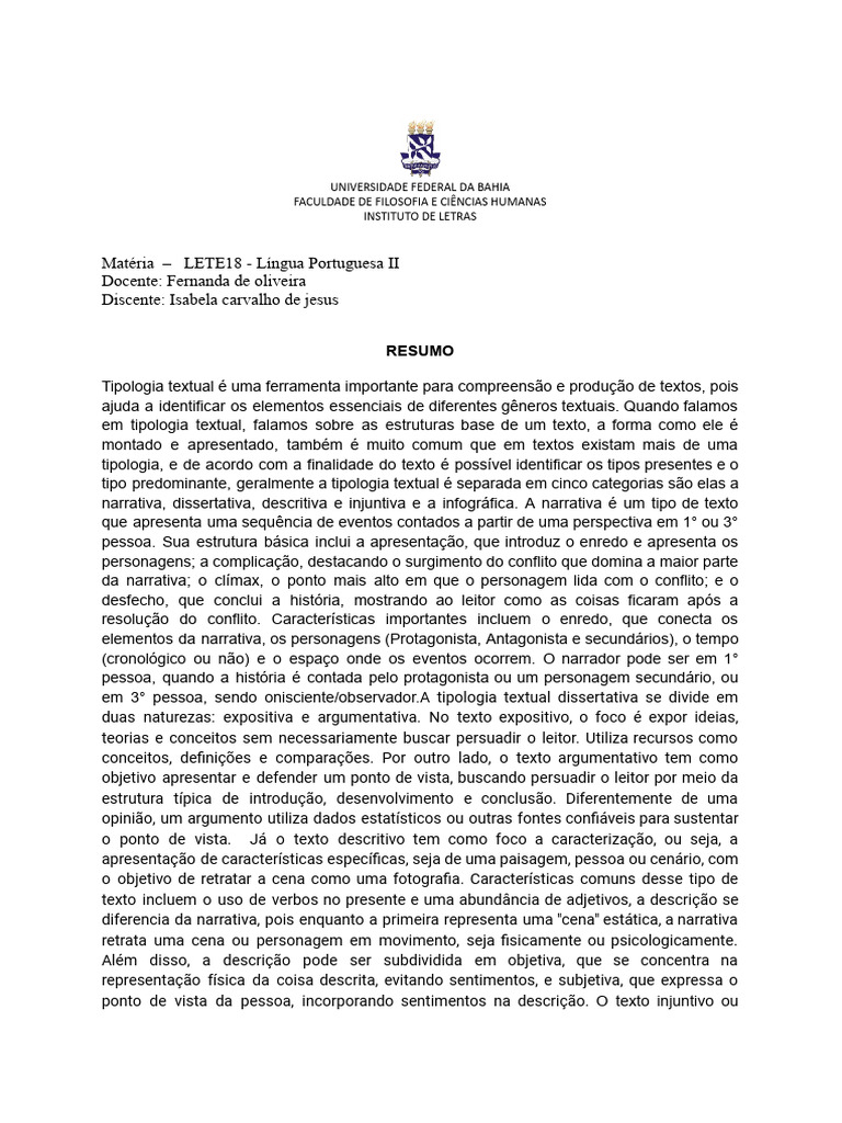 Resumo Tipologia Textual | PDF | Narrativa
