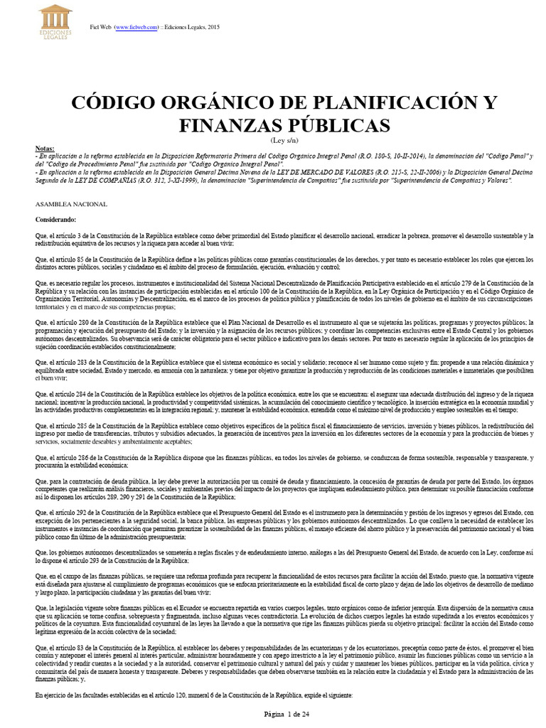 Codigo Organico de Planificacion y Finanzas Publicas | PDF | Presupuesto | Planificación