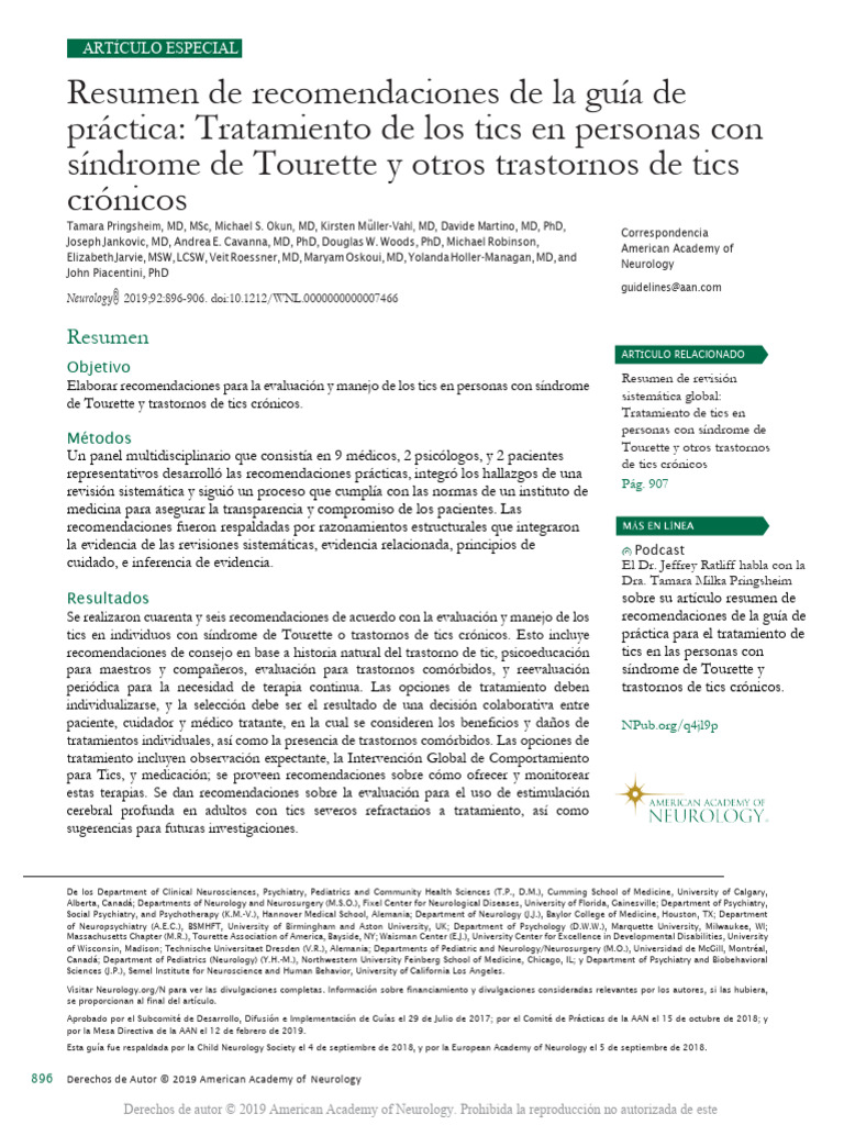 Practice Guideline Recommendations Summary Treatment of Tics in People ...