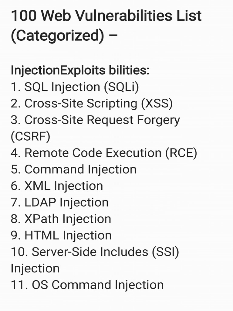 100 Web Vulnerabilities List (Categorized) - Checklist | PDF