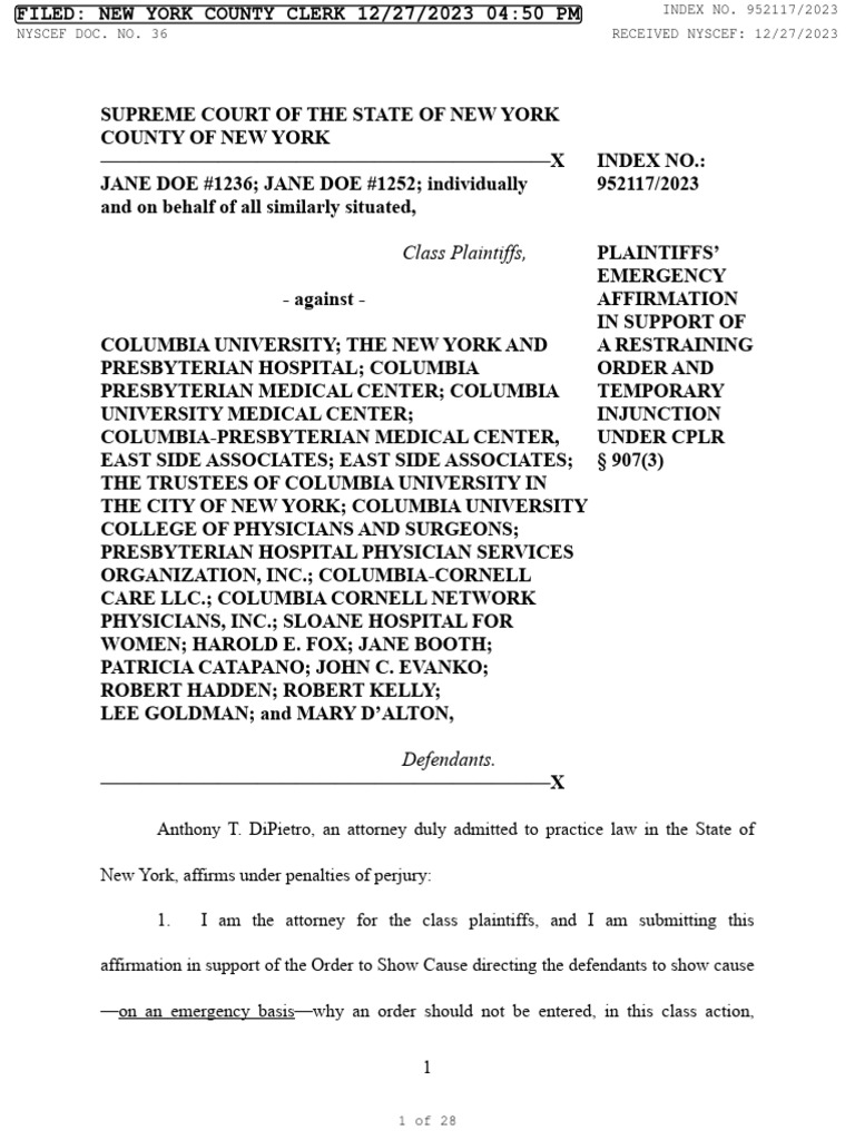 2023 Jane Doe 1236 Et Al V Columbia University Et Al Affidavit or Affirm 36-2 | PDF | Class ...