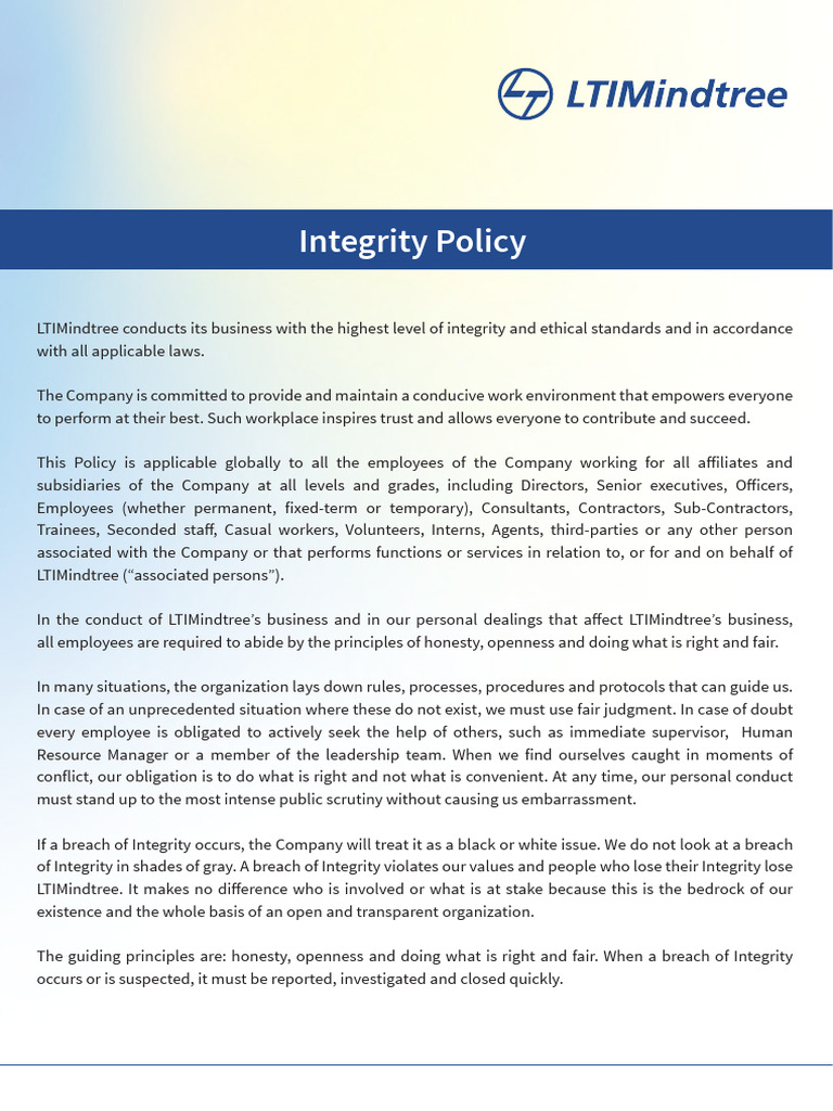 LTIMindtree Integrity Policy | PDF | Integrity | Employment