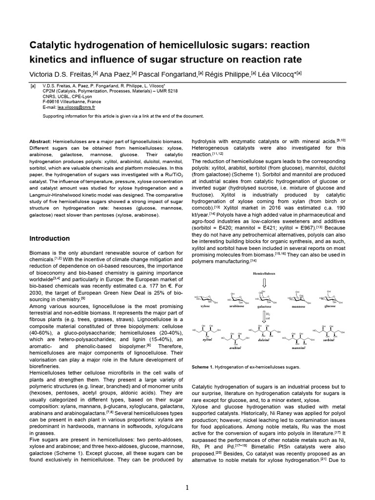 Catalytic Hydrogenation of Hemicellulosic Sugars Reaction Kinetics and ...