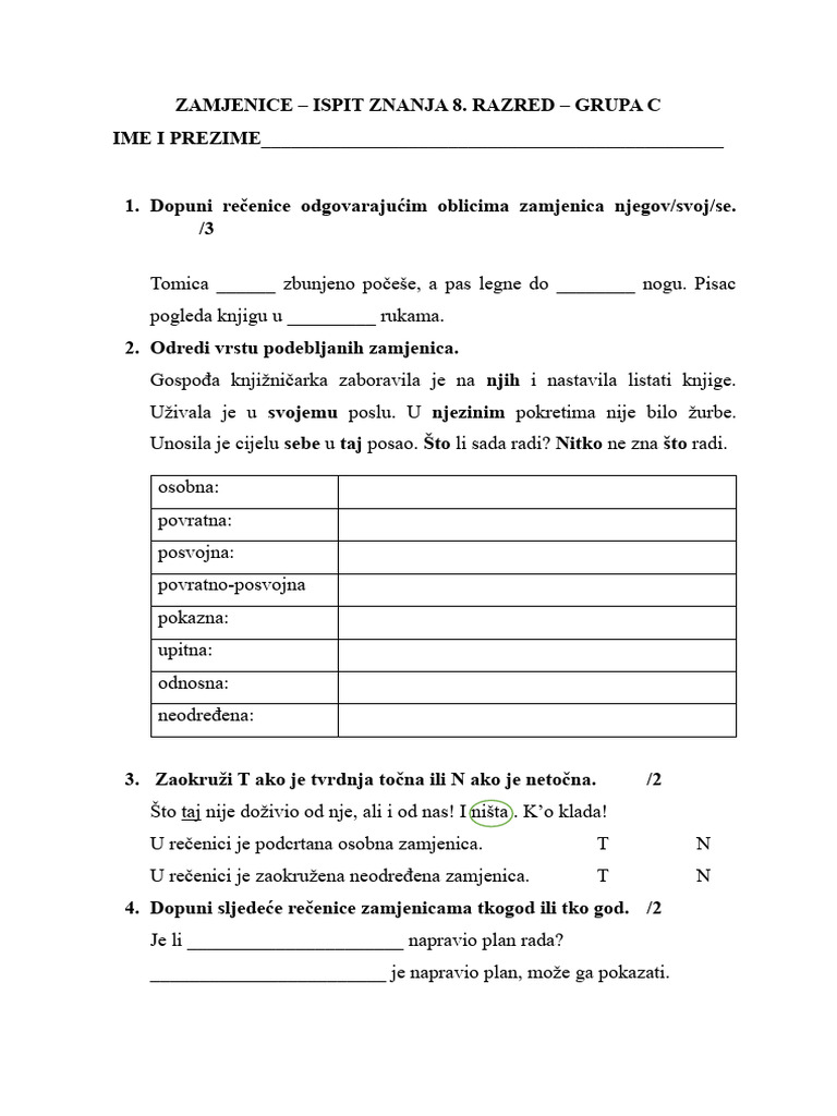 ZAMJENICE - ispit osmi razred pp | PDF