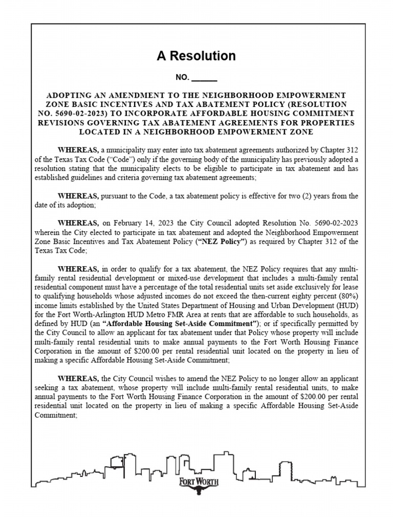 Amendment to Fort Worth Tax Abatement Policy | PDF | Affordable Housing ...