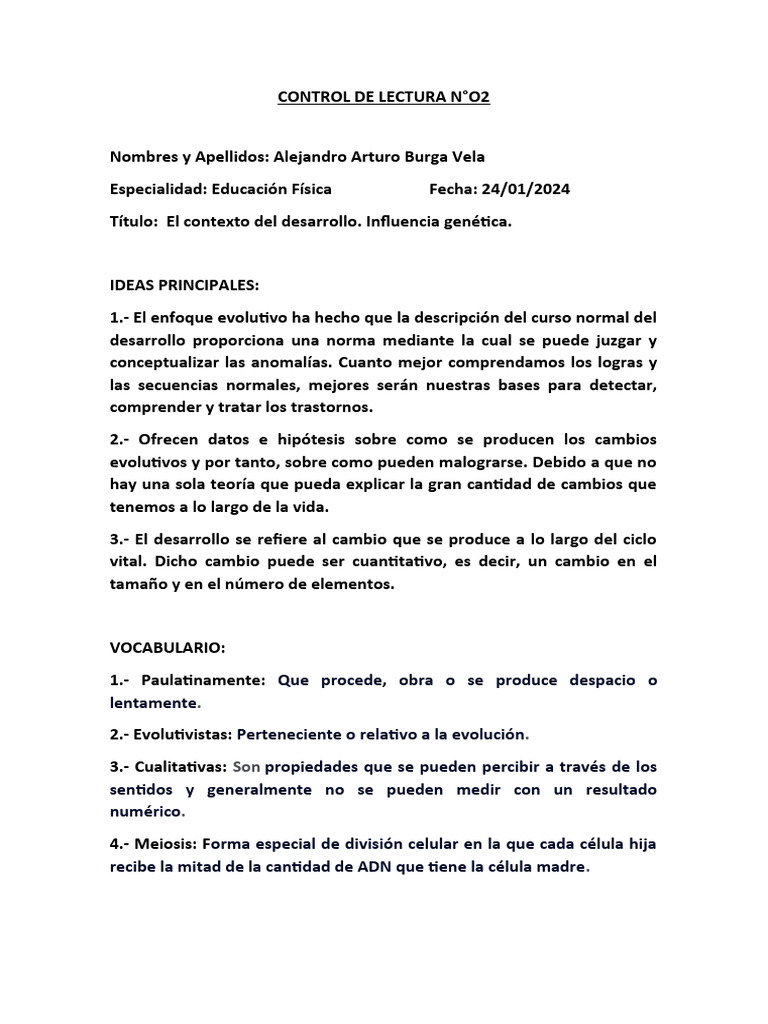 Control de Lectura #2. El Contexto Del Desarrollo. Influencia Genética. | Descargar gratis PDF ...