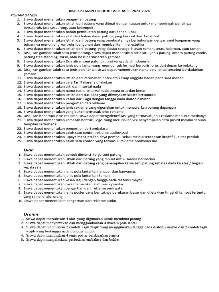 Kisi-Kisi SBDP Kelas 6 Pas Ganjil Tapel 2023-2024 | PDF
