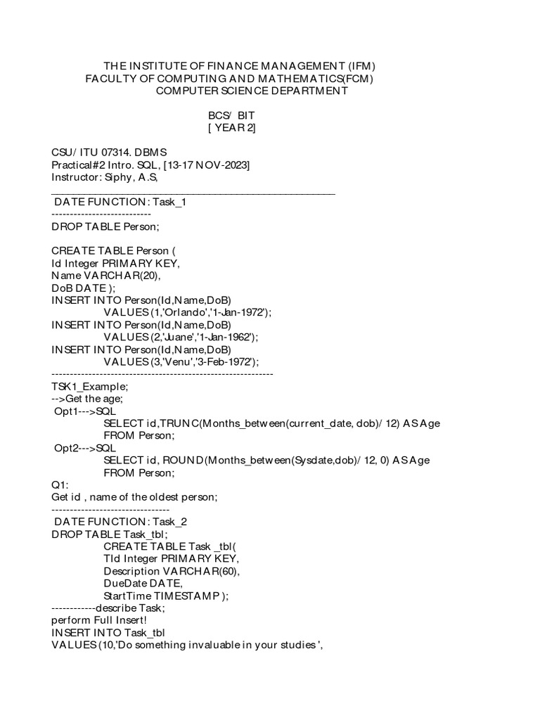 SQL Practical Tasks for DBMS Course | PDF | Data Management | Computing