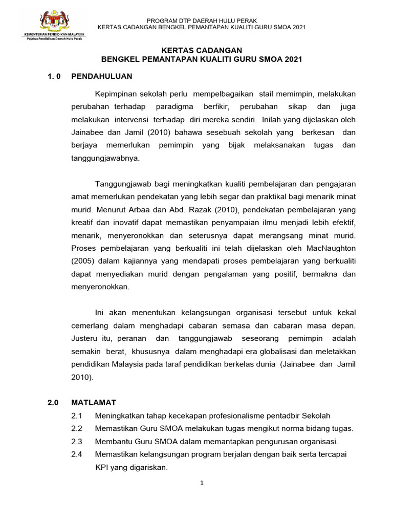 Kertas Kerja Bengkel Pemantapan Kualiti Guru SMOA 2021 | PDF | Karier & Perkembangan | Seni