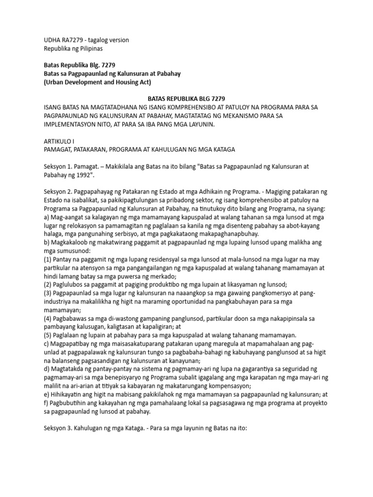 UDHA RA7279 Tagalog Version | PDF