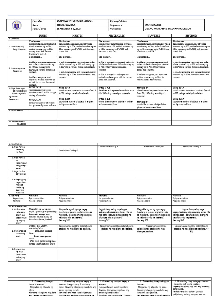 Detailed Lesson Plan in Math 1 | PDF | Mathematics | Numbers