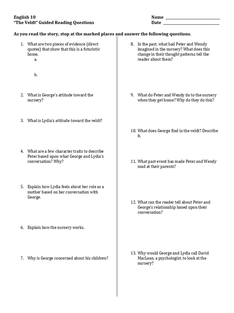 The Veldt Guided Reading Questions | PDF | Games & Activities | General ...