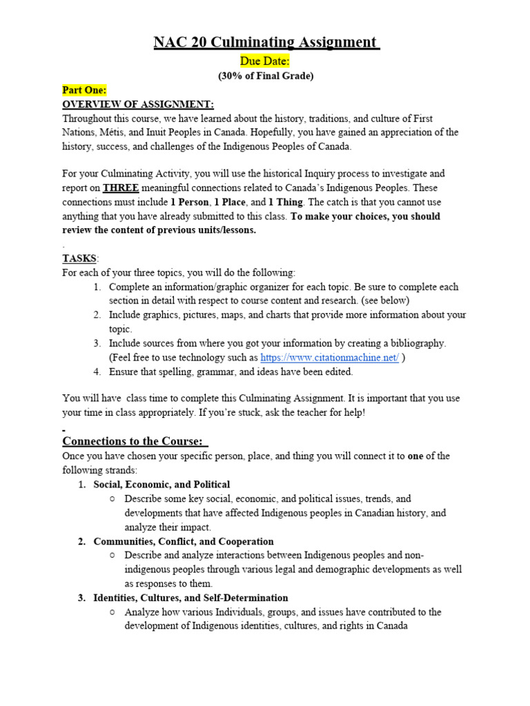 Part One NAC2O - Culminating Assignment | PDF | Fur Trade | Canada