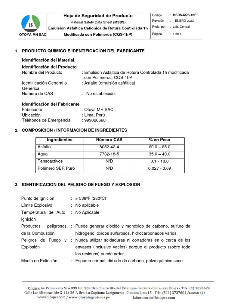 MSDS CQS-1hP | PDF | Combustión | Agua