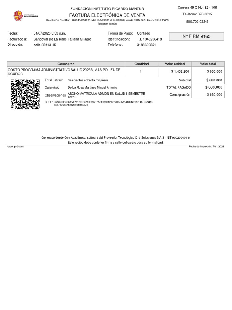Factura Electrónica de Venta: Cajero (A) : Total Letras: Subtotal Total ...