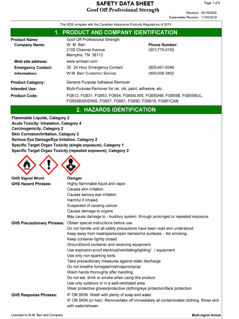 Goof Off Professional Strength SDS | PDF | Methanol | Personal ...