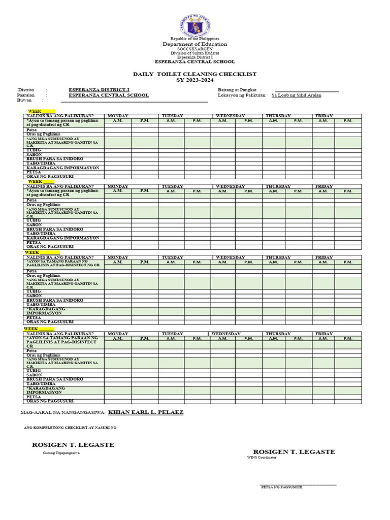 DAILY-TOILET-CLEANING-CHECKLIST.3-luna-2022-2023 | PDF