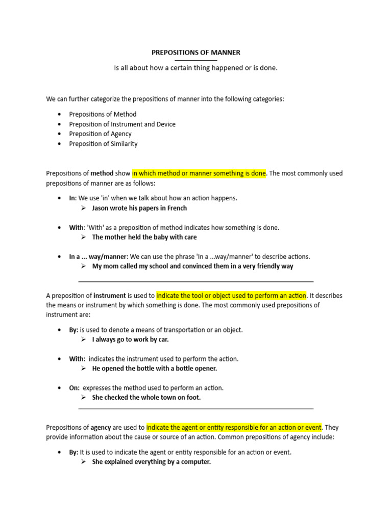 Prepositions of Manner | PDF