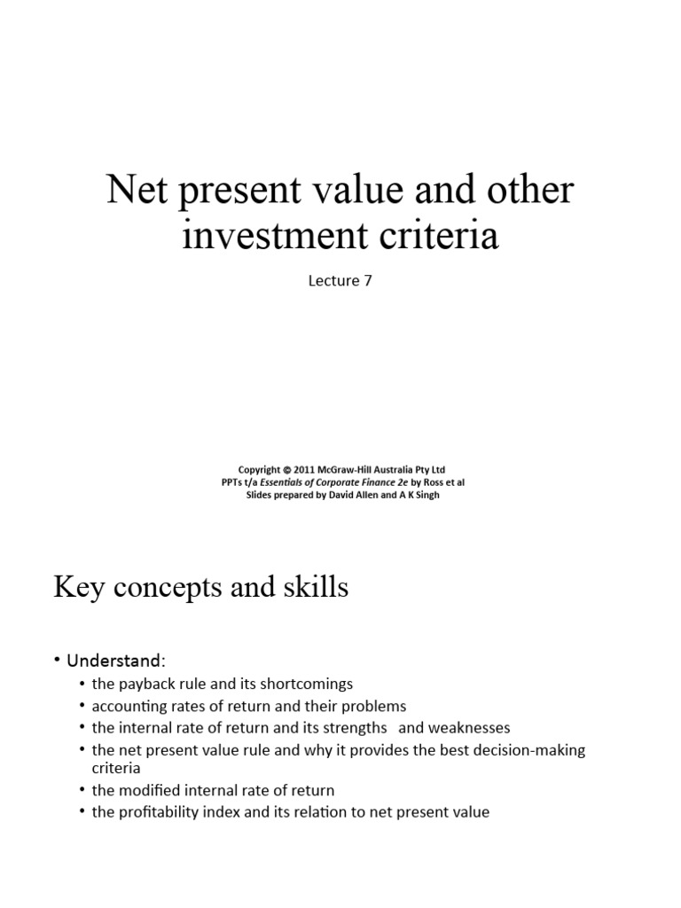 Lesson 7 Net Present Value and Other Investment Criteria | PDF | Net Present Value | Internal ...