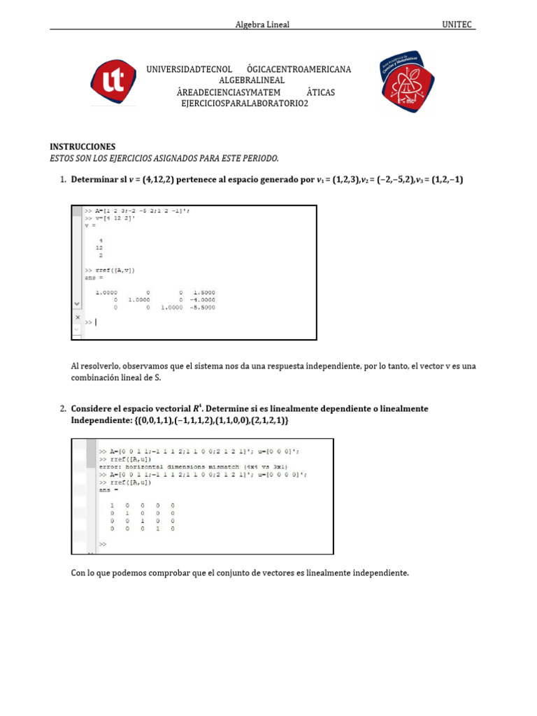 Ejercicios de Algebra Lineal Lab1223 | PDF