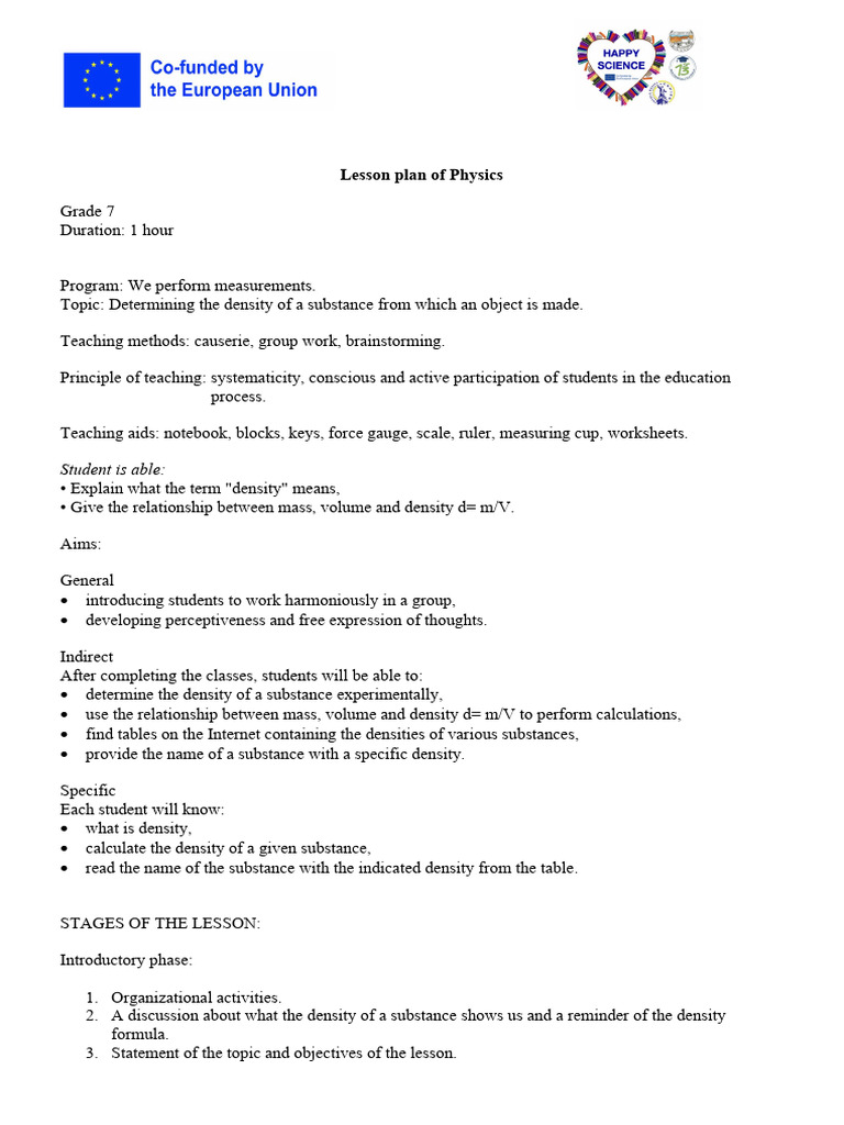 Grade 7 Physics Lesson: Density Measurement | PDF | Density | Volume