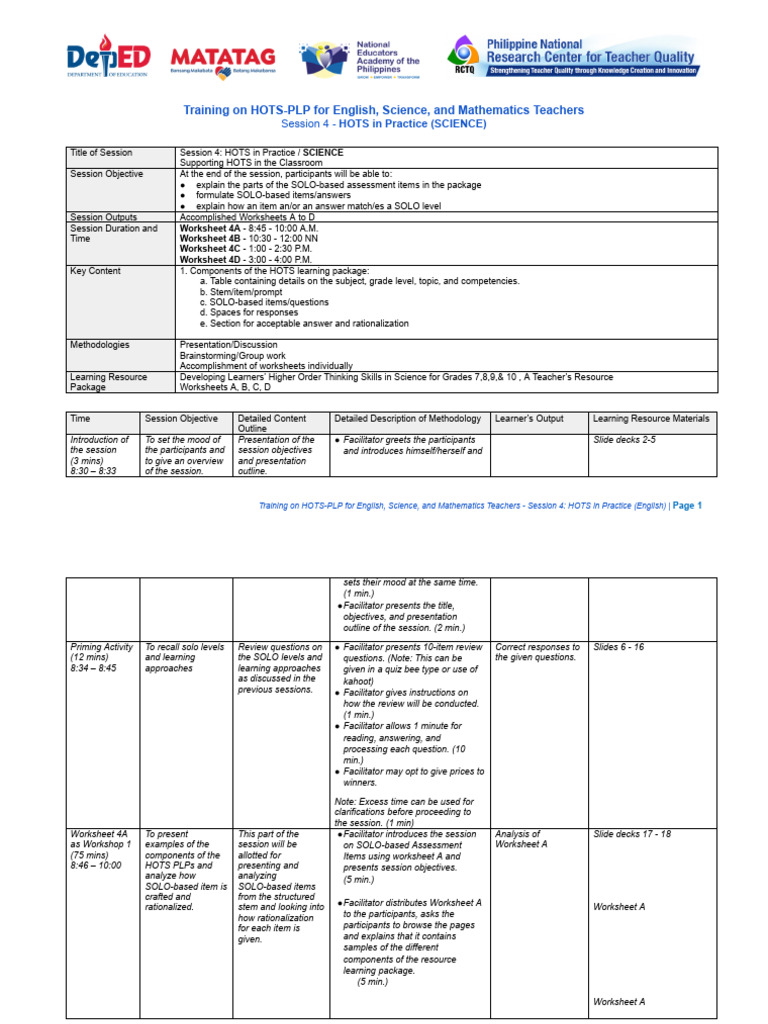 S4 - SG - HOTS in Practice (Science) | PDF | Learning | Worksheet