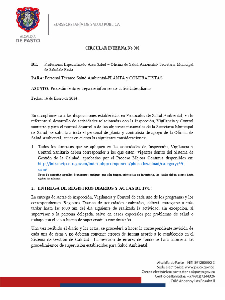Circular Interna 001 para Personal Tecnico 16012024 | PDF