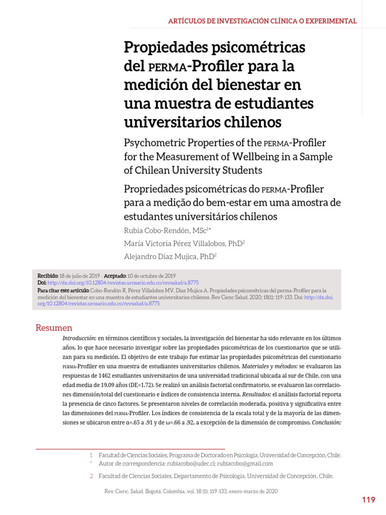Cobo-Rendon, R. Et Al. (2020) Propiedades Psicométricas Del PERMA ...