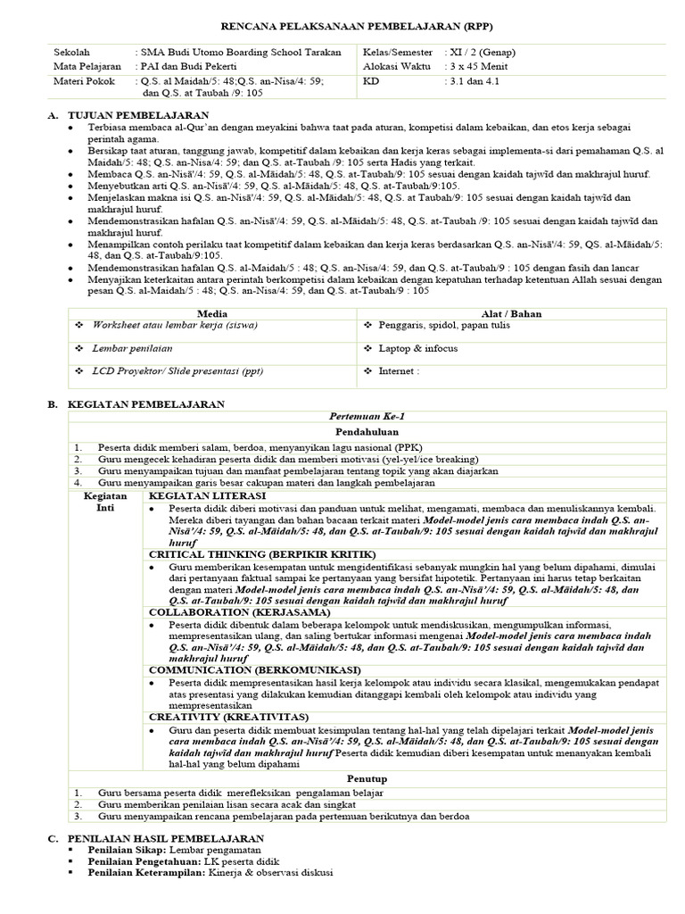 RPP Agama Kelas Xi | PDF