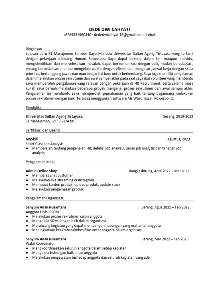 CV Dede Dwi Cahyati | PDF | Karier & Perkembangan