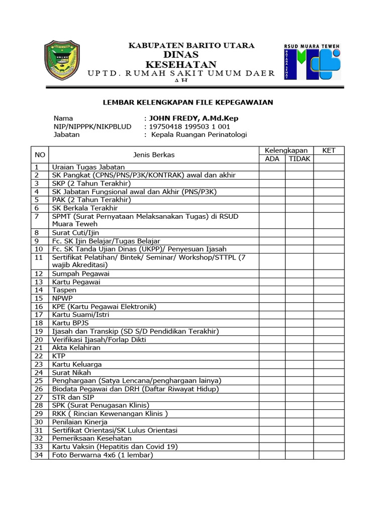 Daftar Isi File Kepegawaian 2023 | PDF