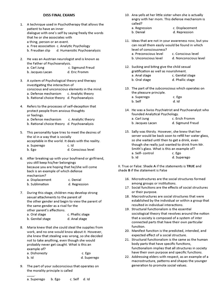 Diss Final Exams | PDF | Psychoanalysis | Id