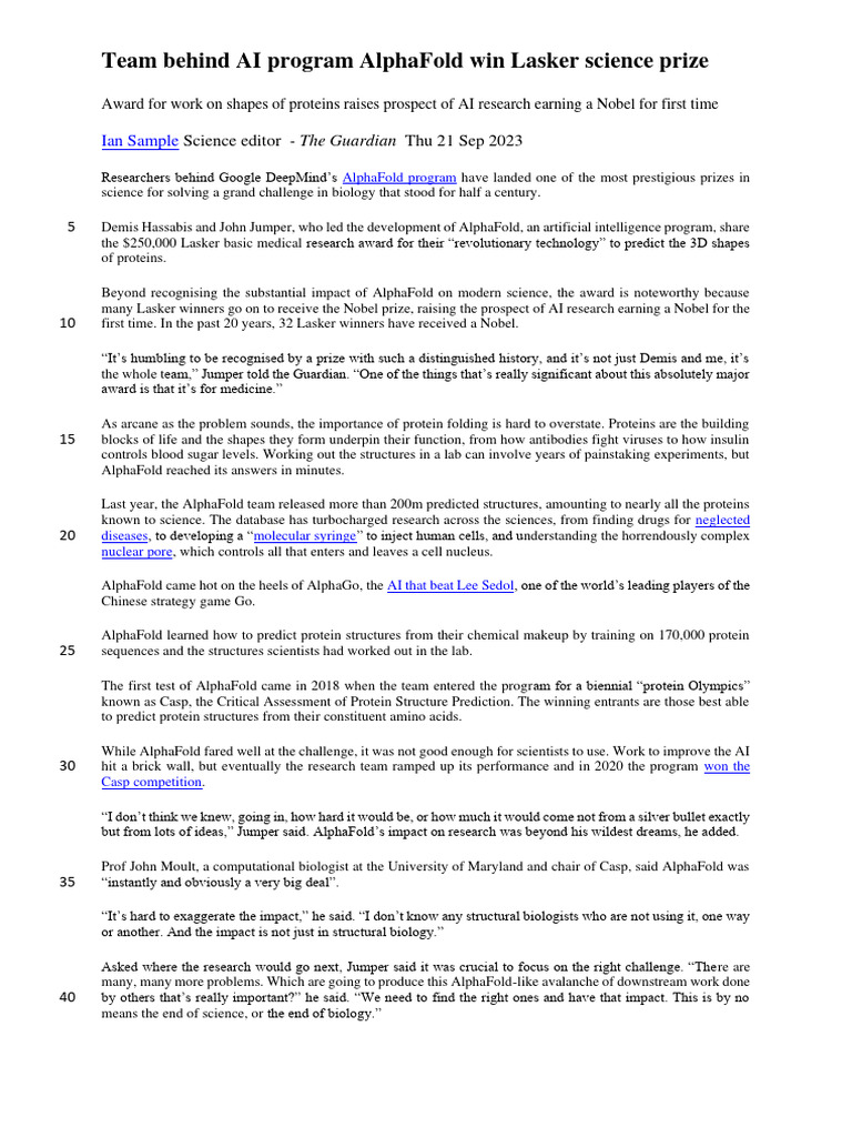 Team Behind AI Program AlphaFold Win Lasker Science Prize - The ...