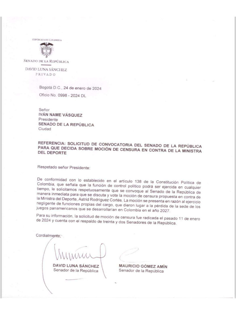 Carta Dirigida Al Presidente Del Congreso, Iván Name. | PDF
