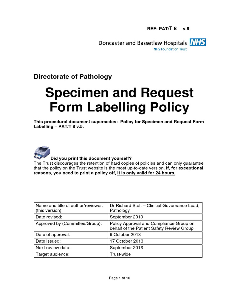 PAT T 8 v.6 Specimen and Request Form Labelling Final | Download Free PDF | Blood Transfusion ...